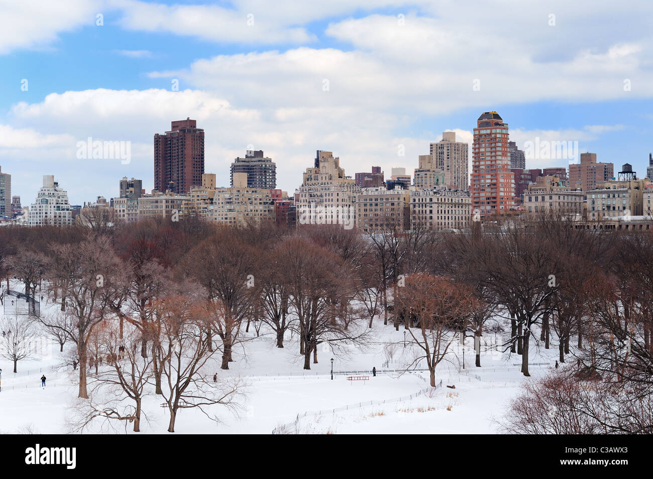 New York City Manhattan Central Park in winter with snow and city ...