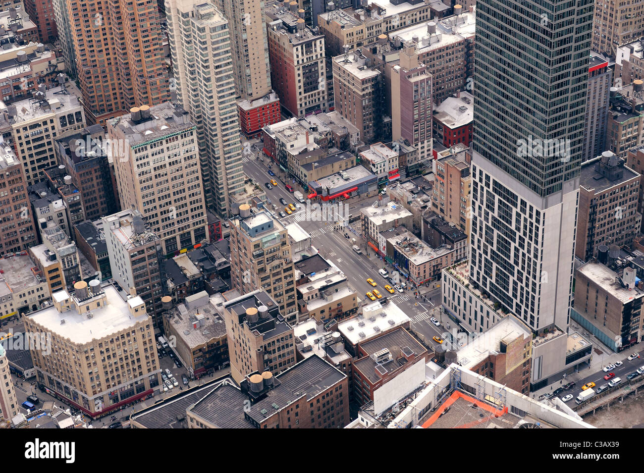 New York City Manhattan street aerial view with skyscrapers, pedestrian ...