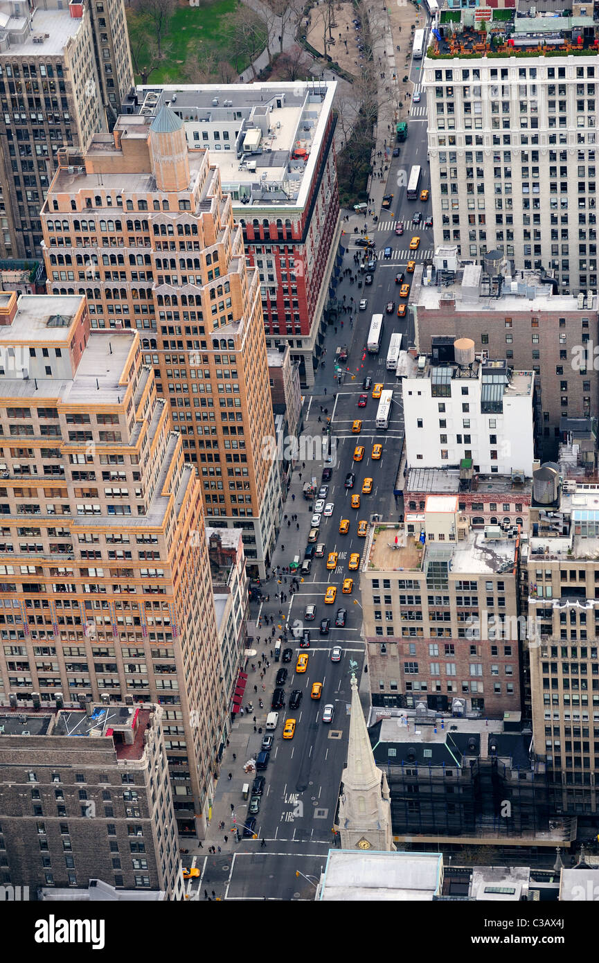 New York City Manhattan street aerial view with skyscrapers, pedestrian ...