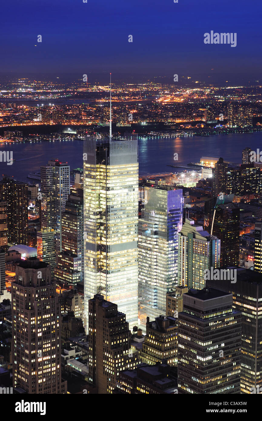 New York City Manhattan Times Square night city skyline aerial view ...