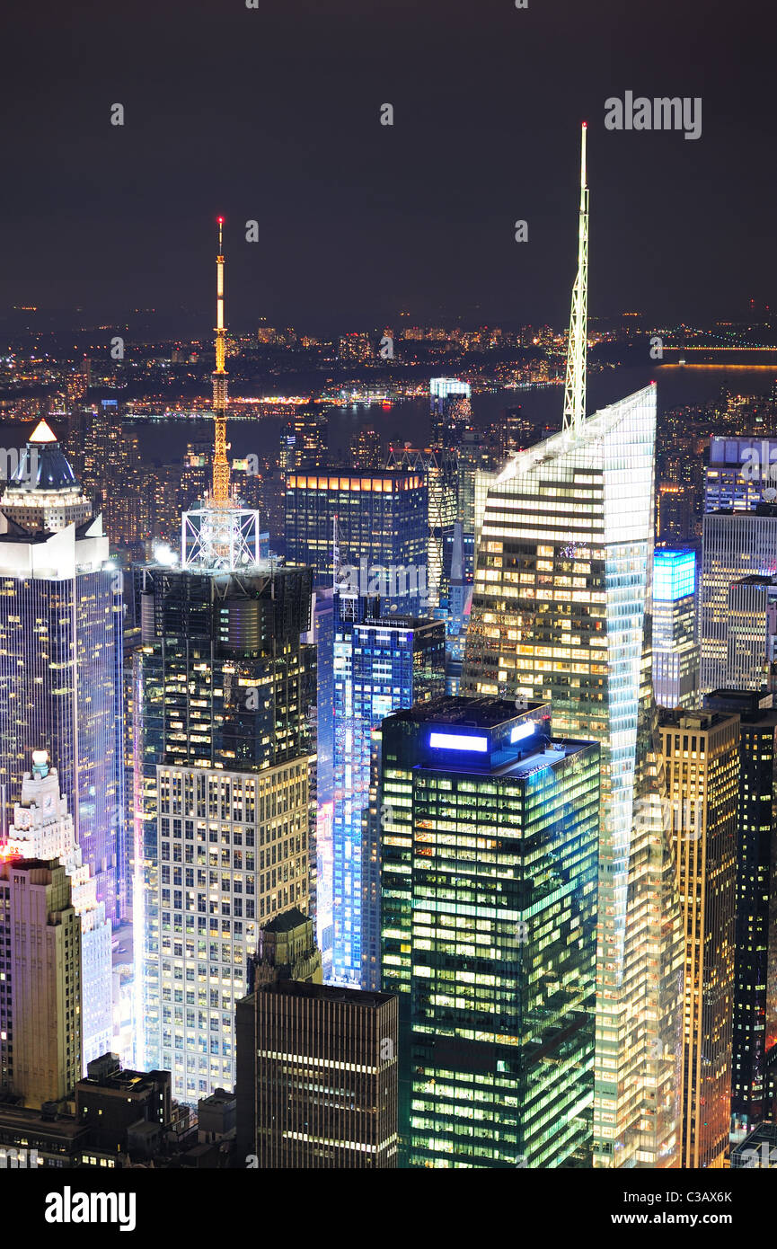 New York City Manhattan Times Square night city skyline aerial view ...