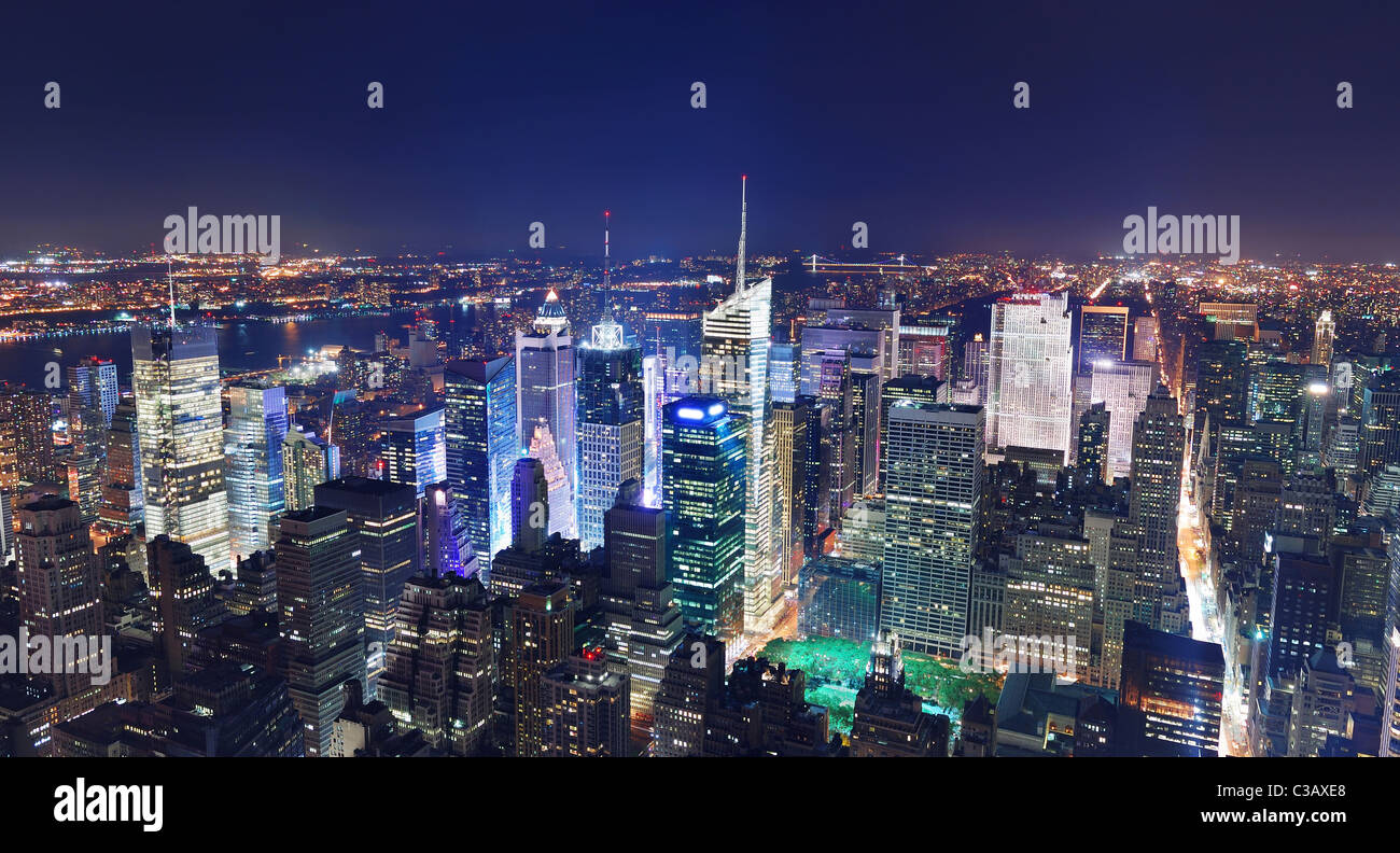 New York City Manhattan Times Square panorama aerial view at night with ...