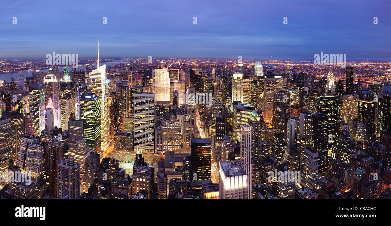 New York City Manhattan Times Square night city skyline aerial view ...