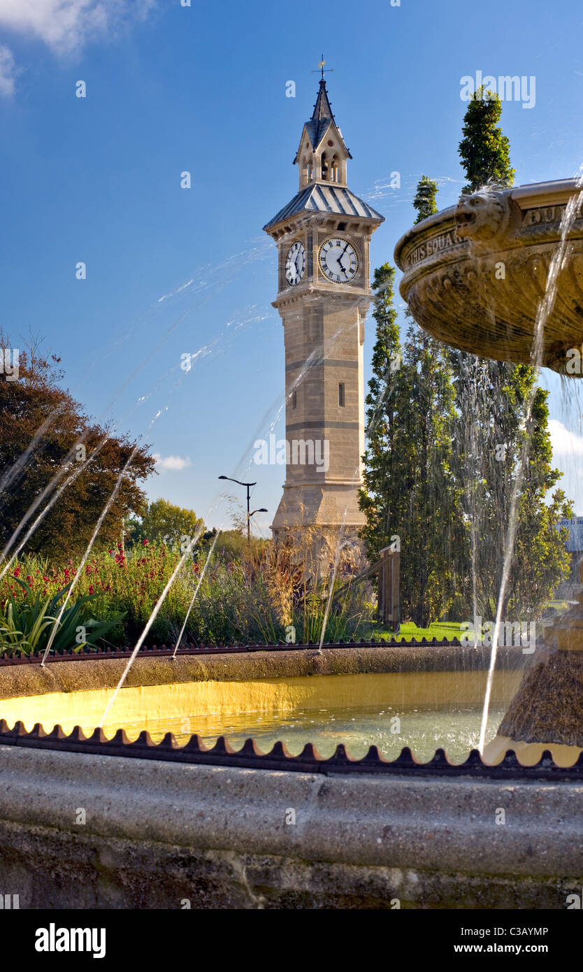 Barnstaple Clock Tower and fountain on Barnstaple square and flowers ...
