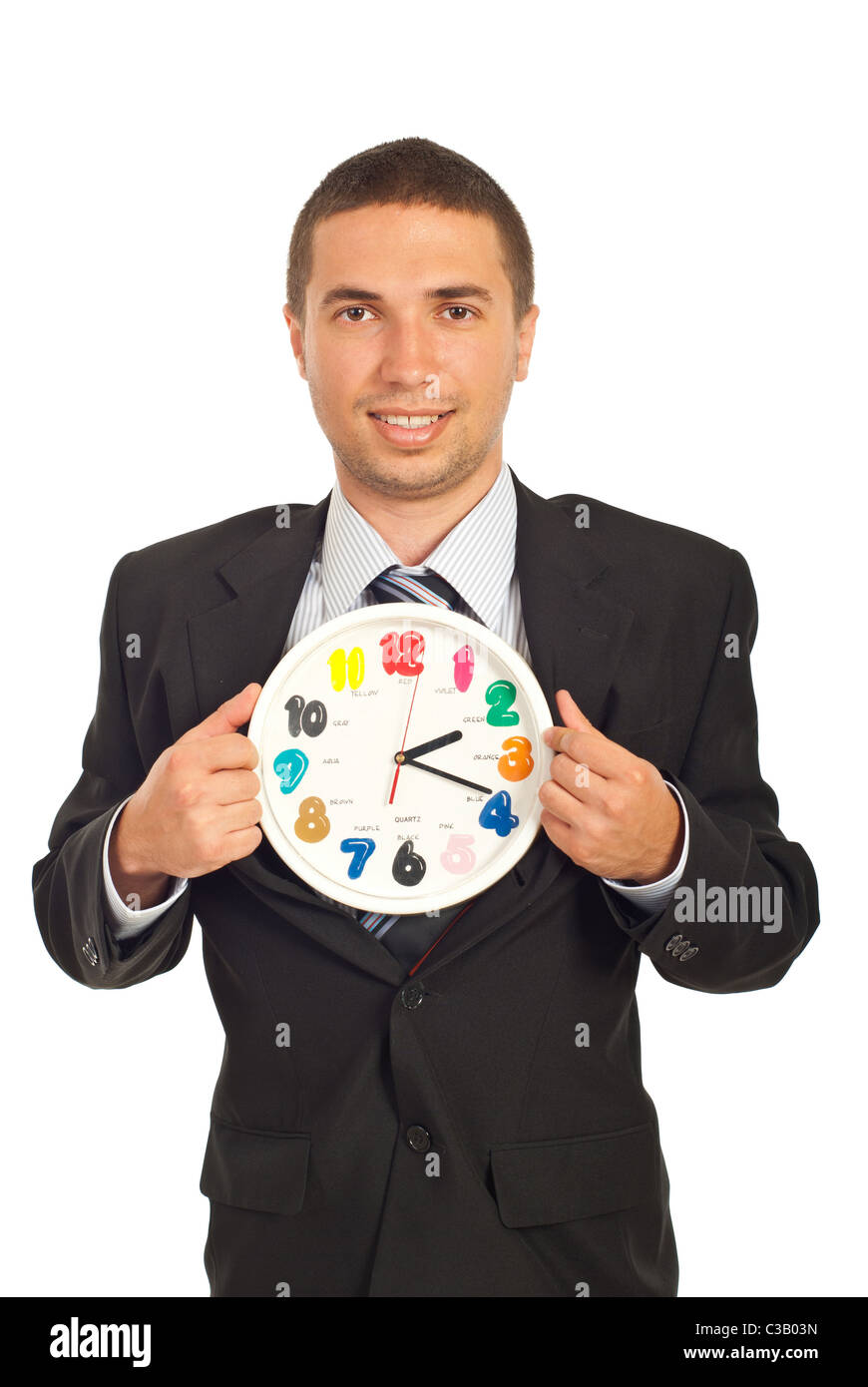 Business man showing clock in interior of jacket isolated on white ...