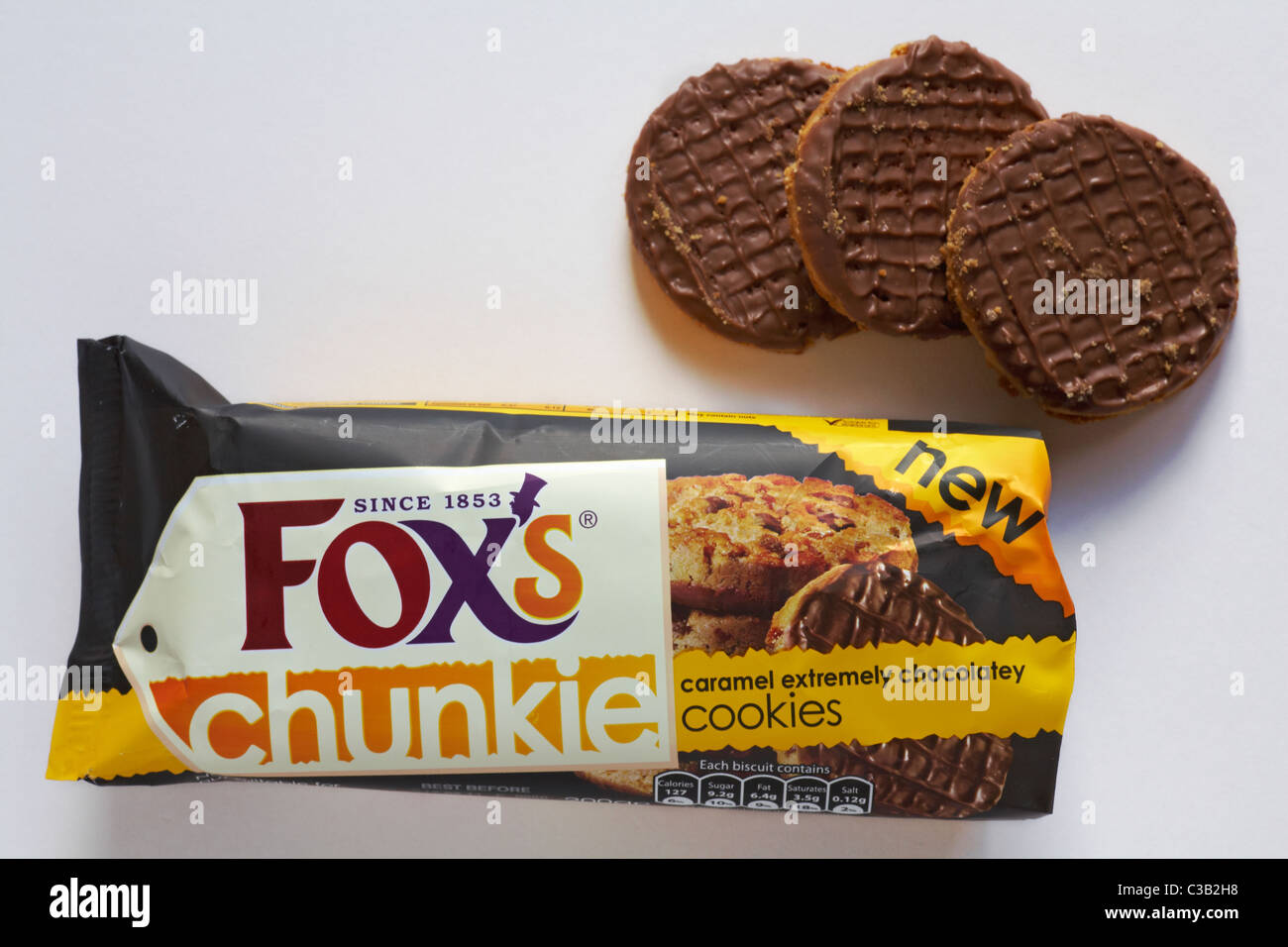 Packet of Fox's chunkie caramel extremely chocolatey cookies with three ...