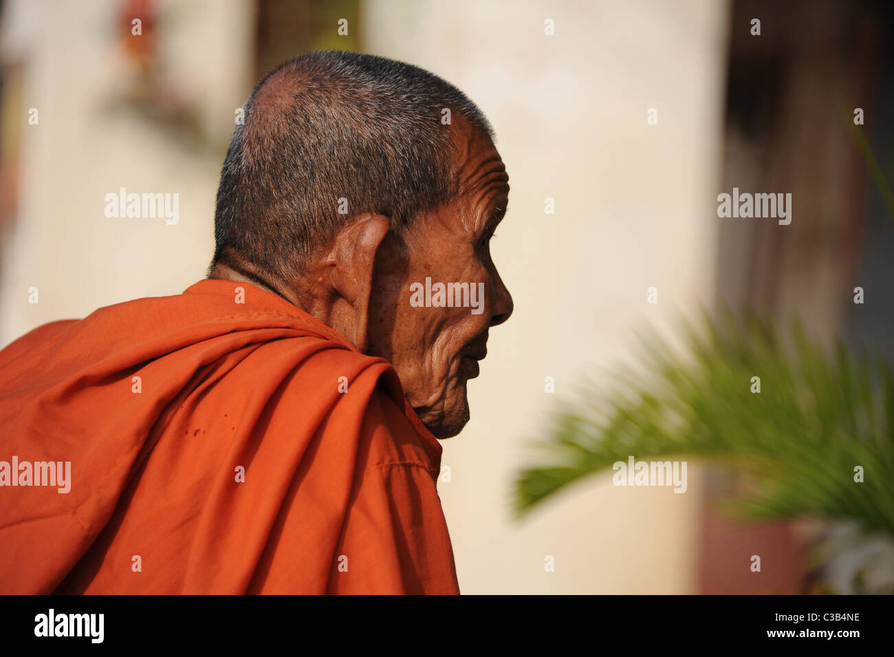 Profile of elderly Buddhist monk in a street in Kampot, Southern ...