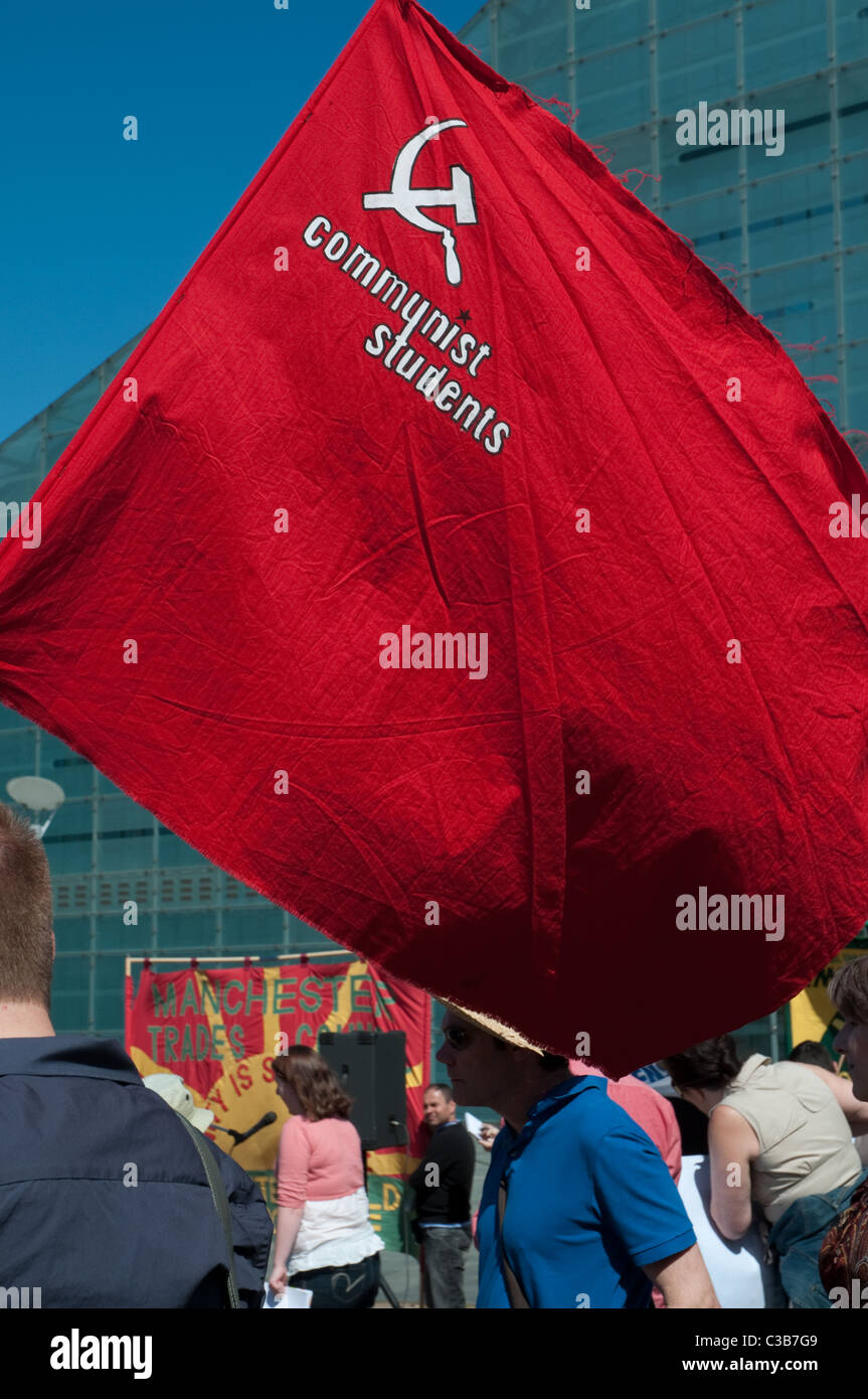 Communist Students flag at May Day Rally in Manchester city centre ...