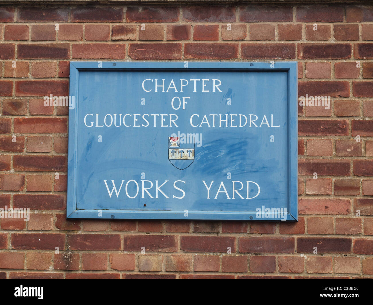 Sign indicating the location of the Works Yard of Gloucester Cathedral ...