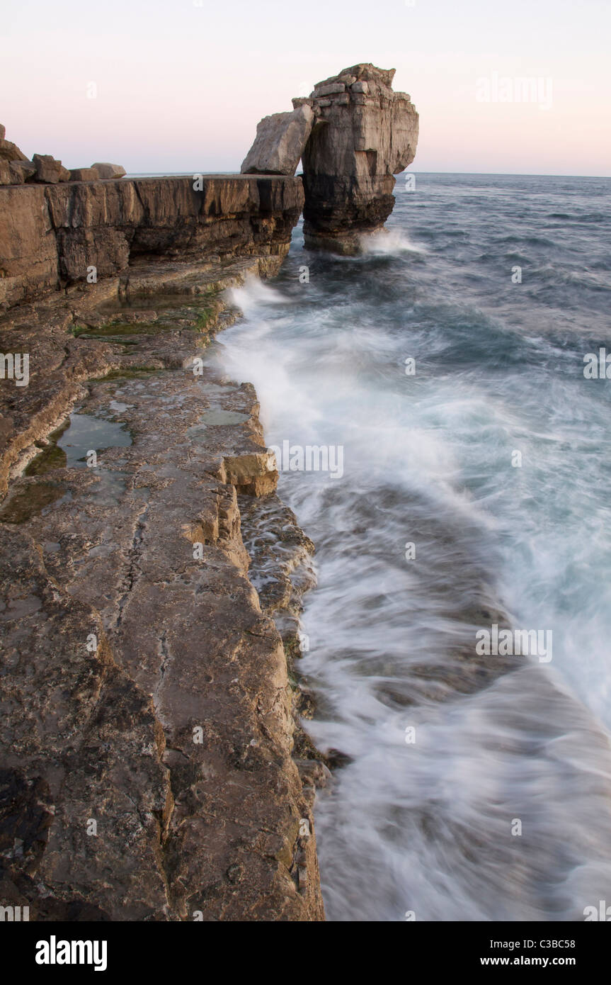 Pulpit Rock in a stormy sea. This massive limestone stack stands just ...