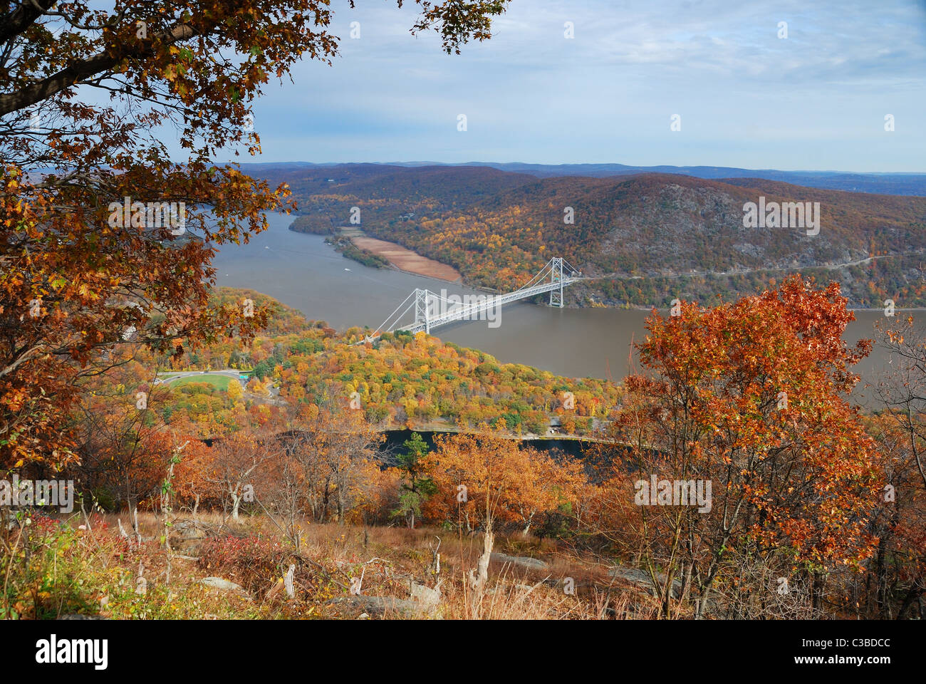 Bear Mountain bridge aerial view in Autumn with colorful trees in ...