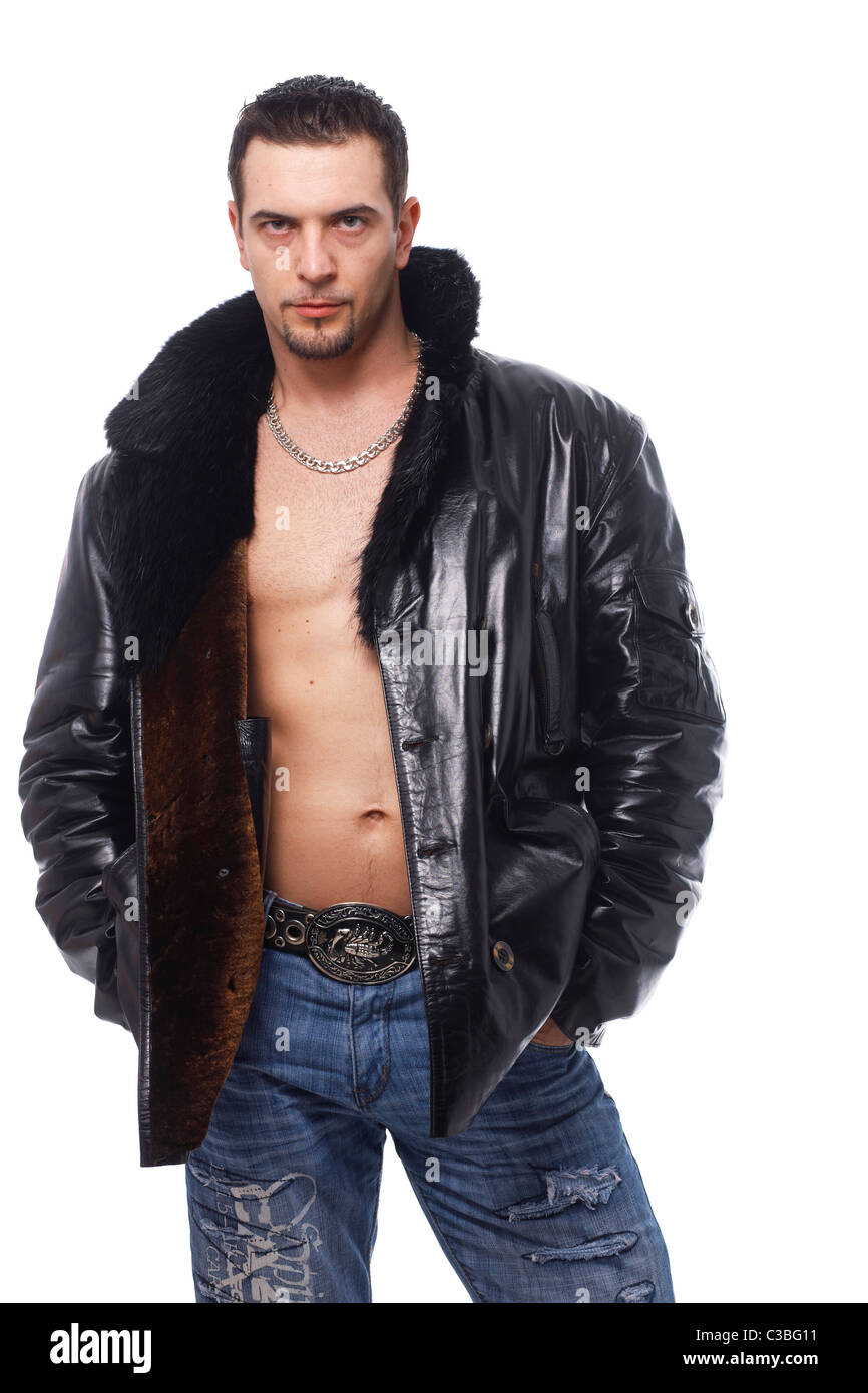Muscular man in leather jacket Cut Out Stock Images & Pictures - Alamy