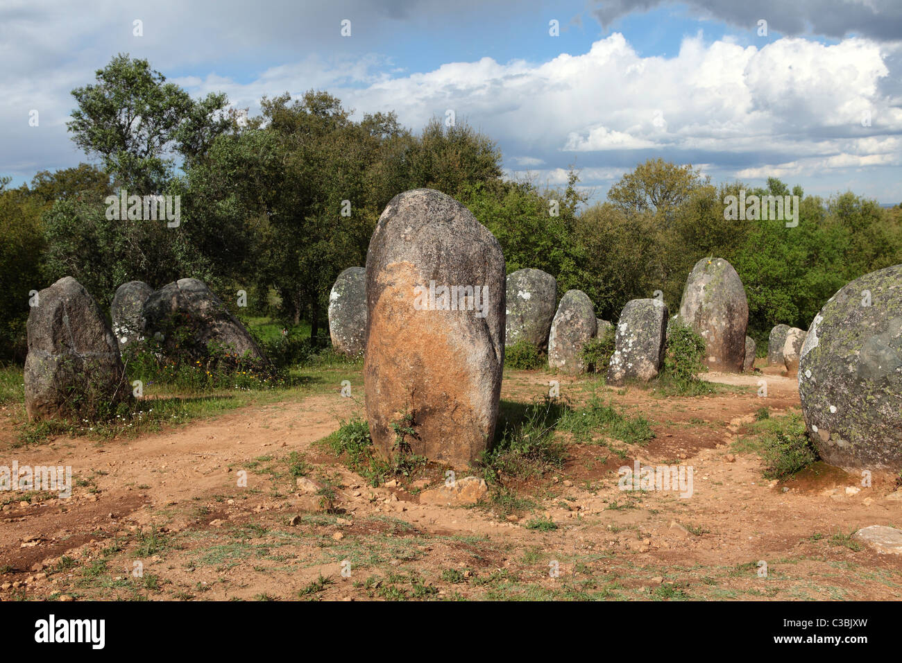 Megalithic era Stone circle of menhirs at the Cromlech of Almendres, at ...