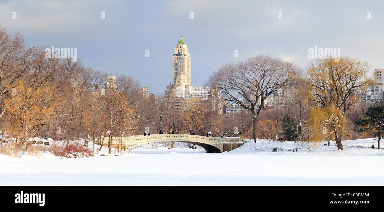 New York City Manhattan Central Park in winter with snow and city ...