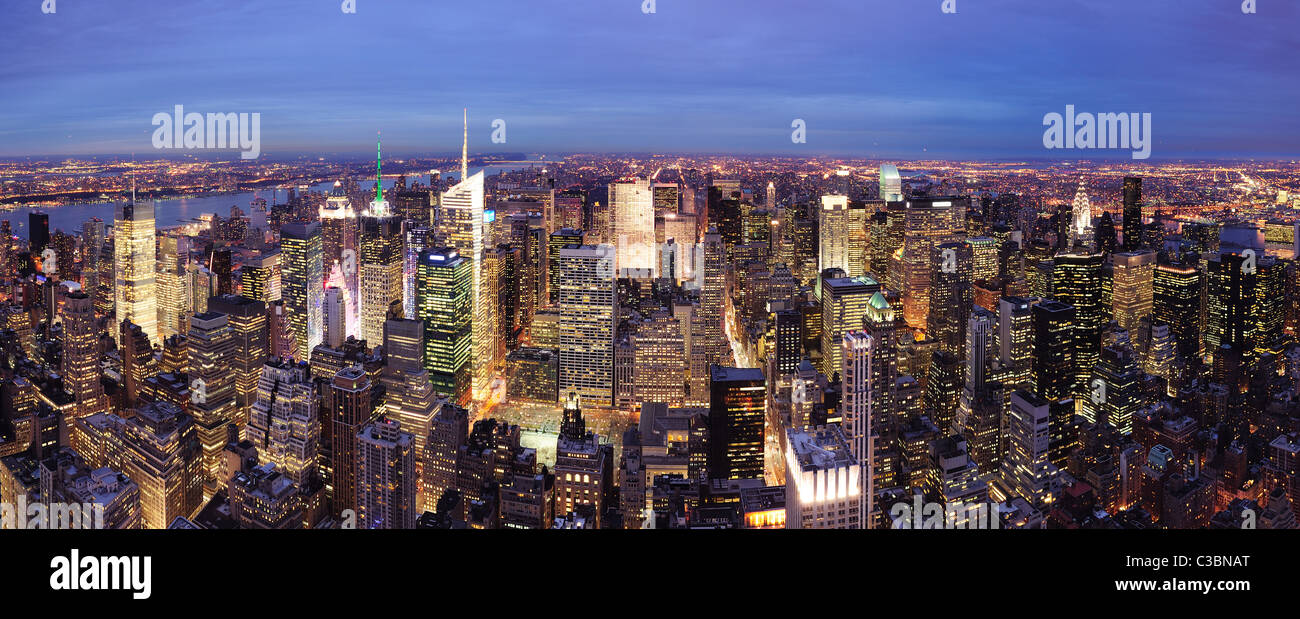 New York City Manhattan Times Square night city skyline aerial view ...