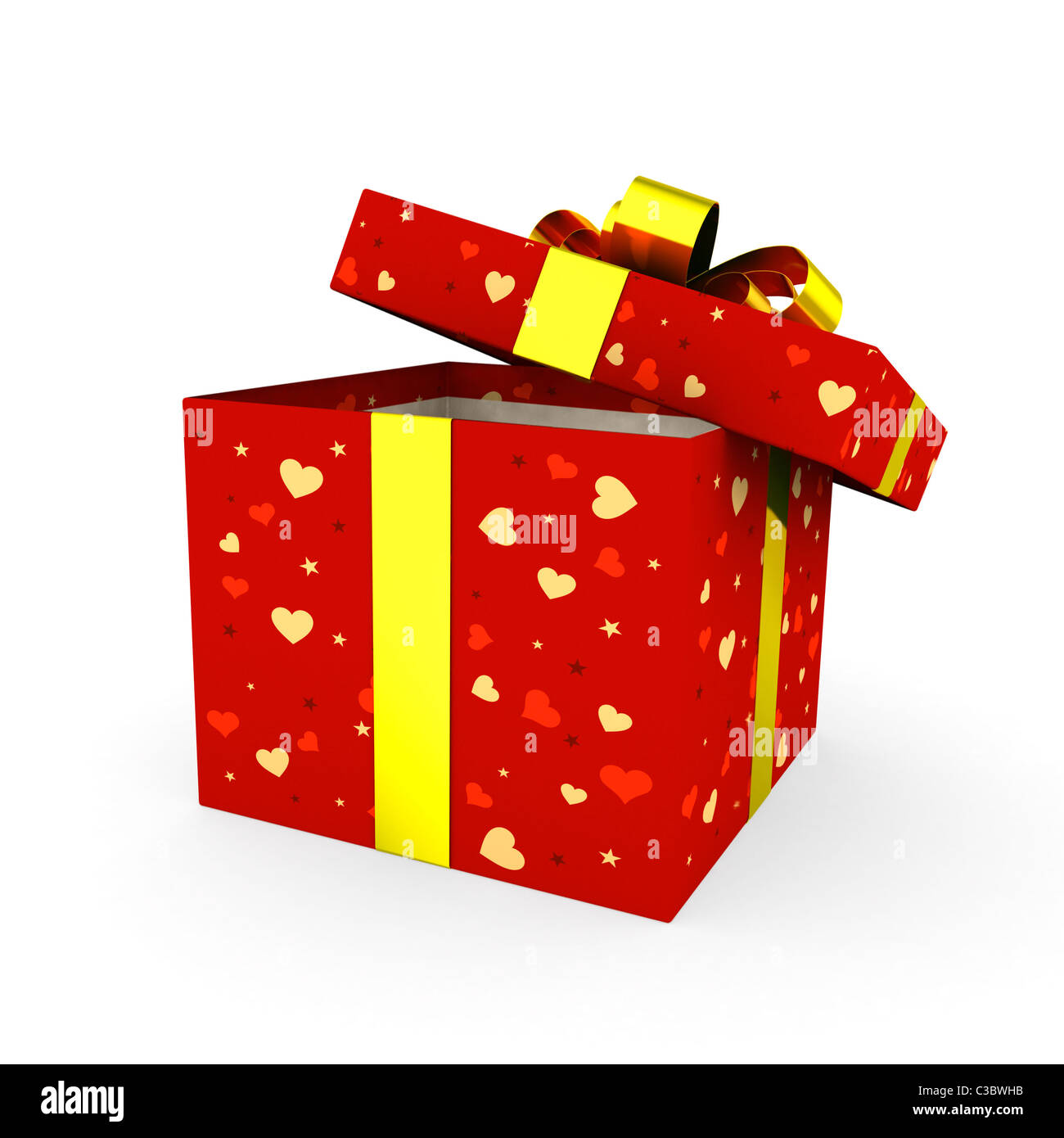 Open red gift box with golden ribbon Stock Photo - Alamy