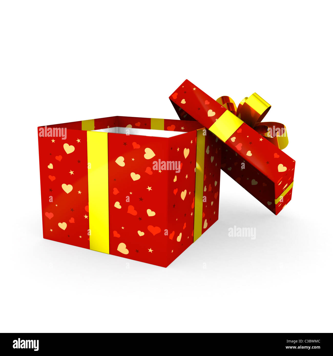 Open red gift box with golden ribbon Stock Photo - Alamy
