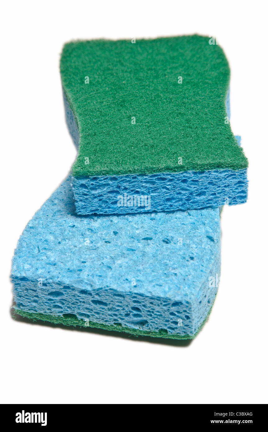 Photograph of two blue sponges with green scrubs isolated on white ...