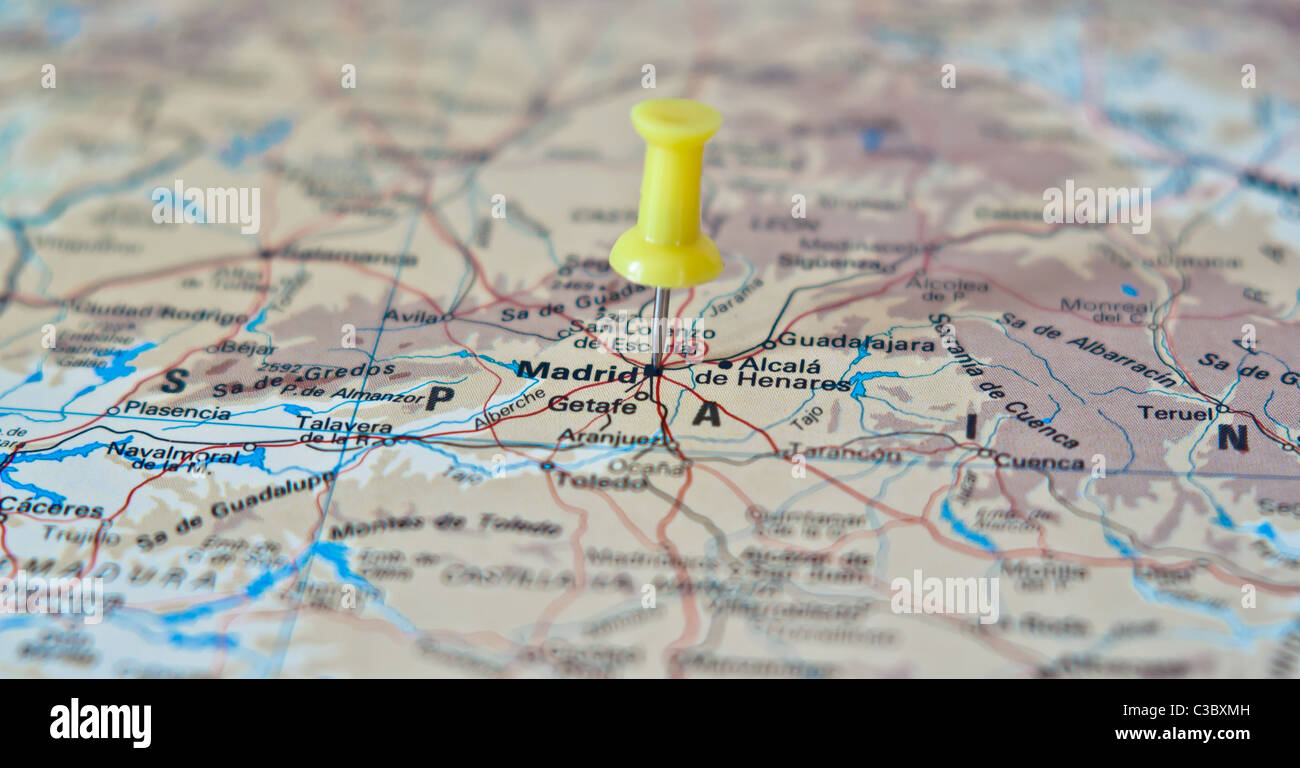 Push pin pointing at Madrid, Spain Stock Photo - Alamy