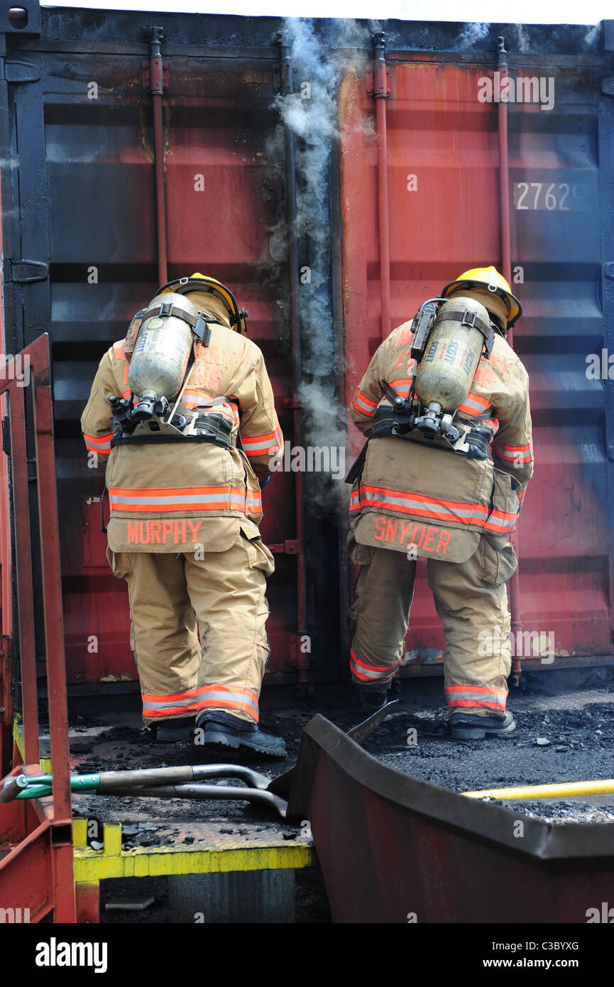 USA Fire Emergency firefighters battling blaze in shipping container ...