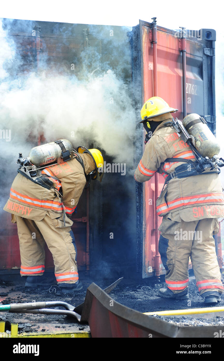 USA Fire Emergency firefighters battling blaze in shipping container ...