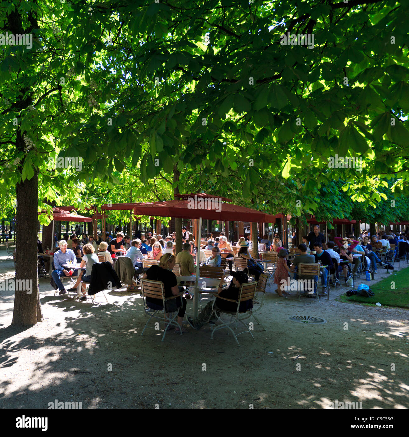 A busy restaurant under the Chestnut trees in the Tuileries Garden ...