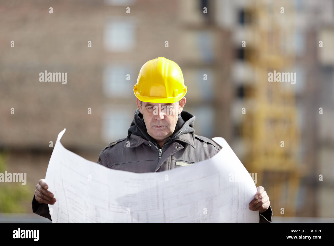real builder with blueprints on construction site Stock Photo - Alamy