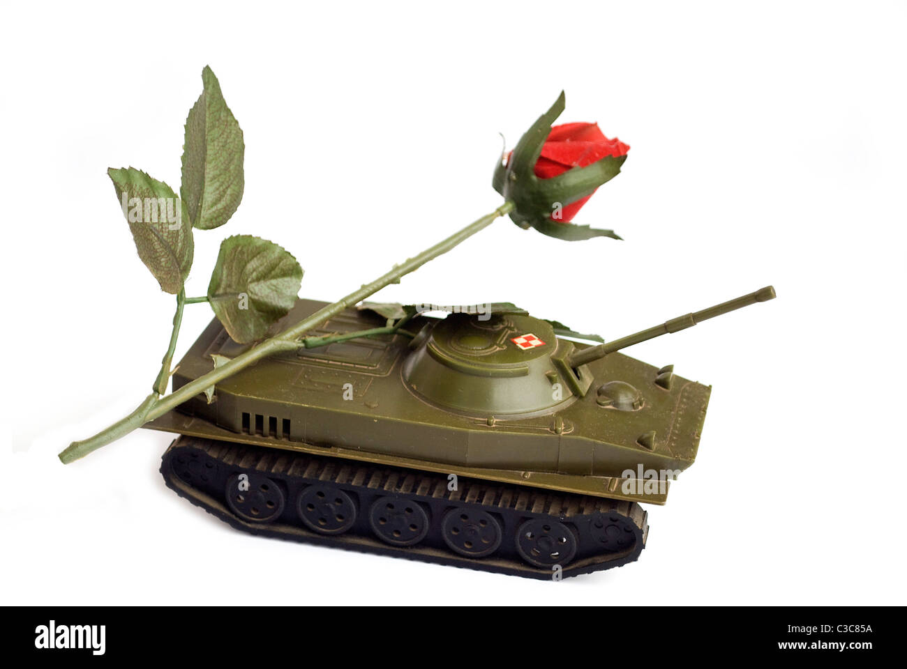 piece concept military tank and red rose isolated on white Stock Photo ...