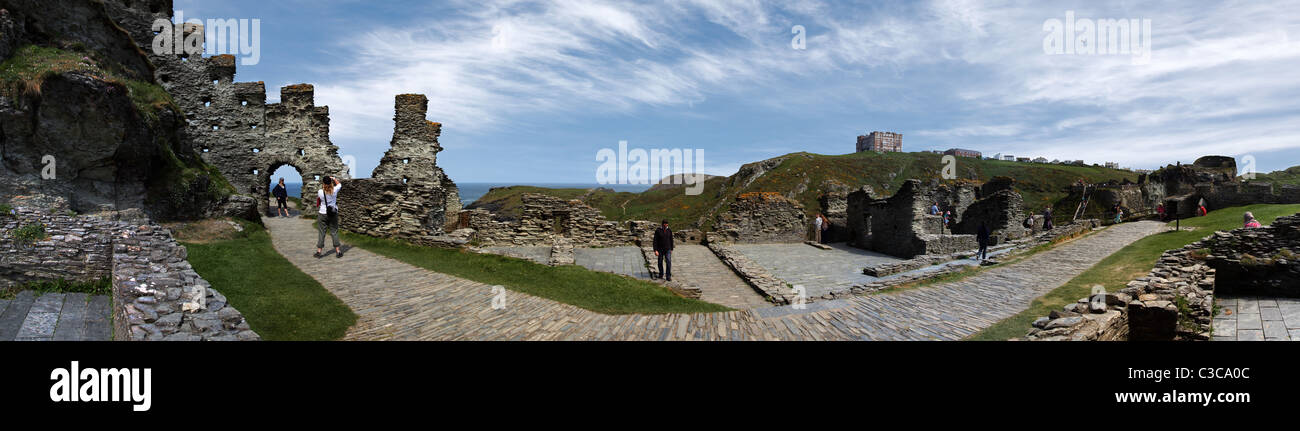 Panoramic view of Tintagel Castle looking towards Camelot Castle Hotel ...