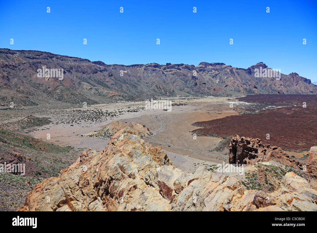 Volcanic desert at Tenerife Canary island. Blue sky, arid dry sand heat ...