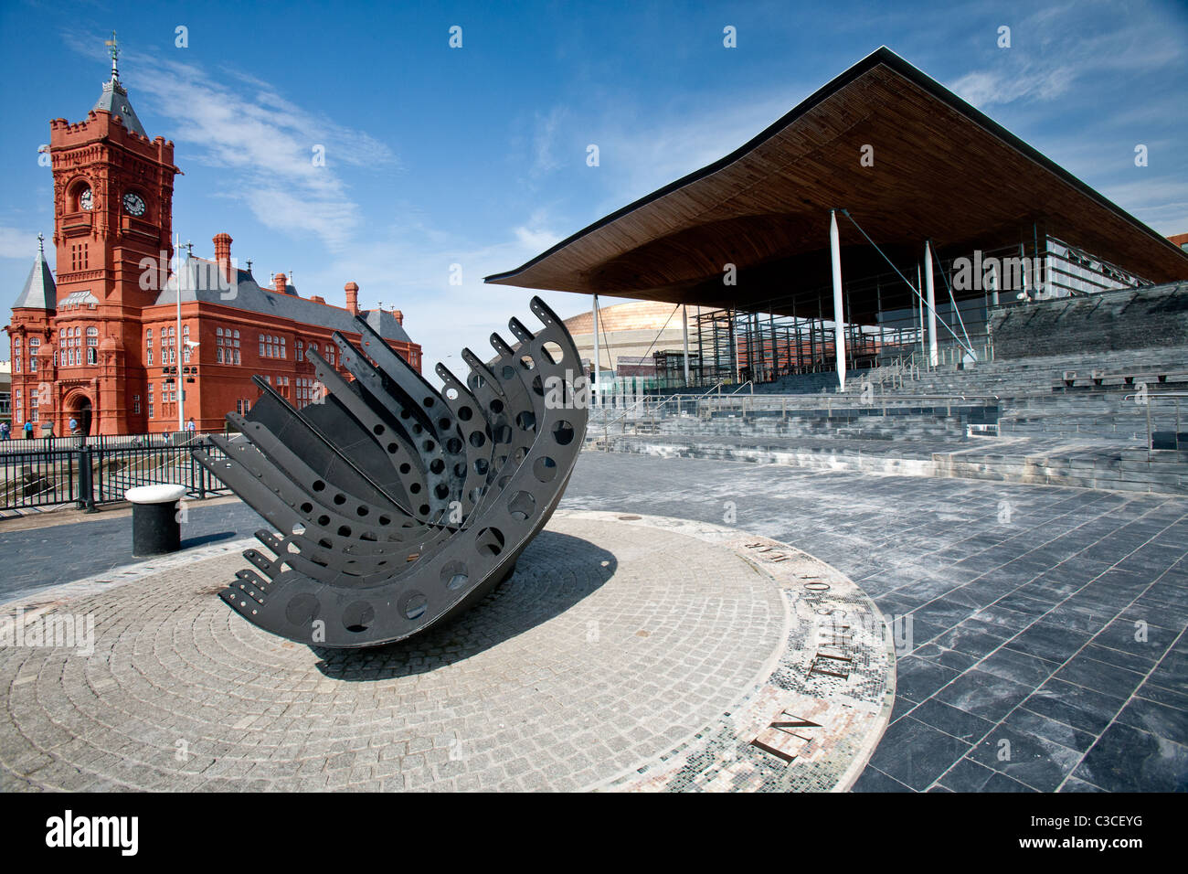Senedd building, Pierhead and sculpture at Cardiff Bay; Millennium ...