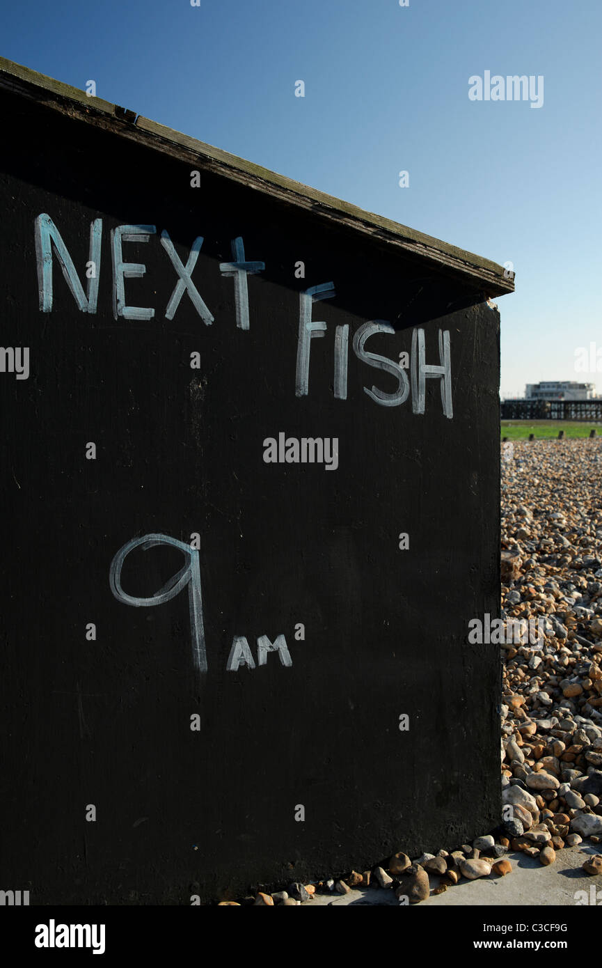 A blackboard on Worthing beach displays that the next fresh fish will ...