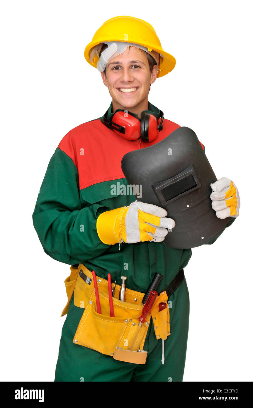 Construction worker isolated in white Stock Photo - Alamy
