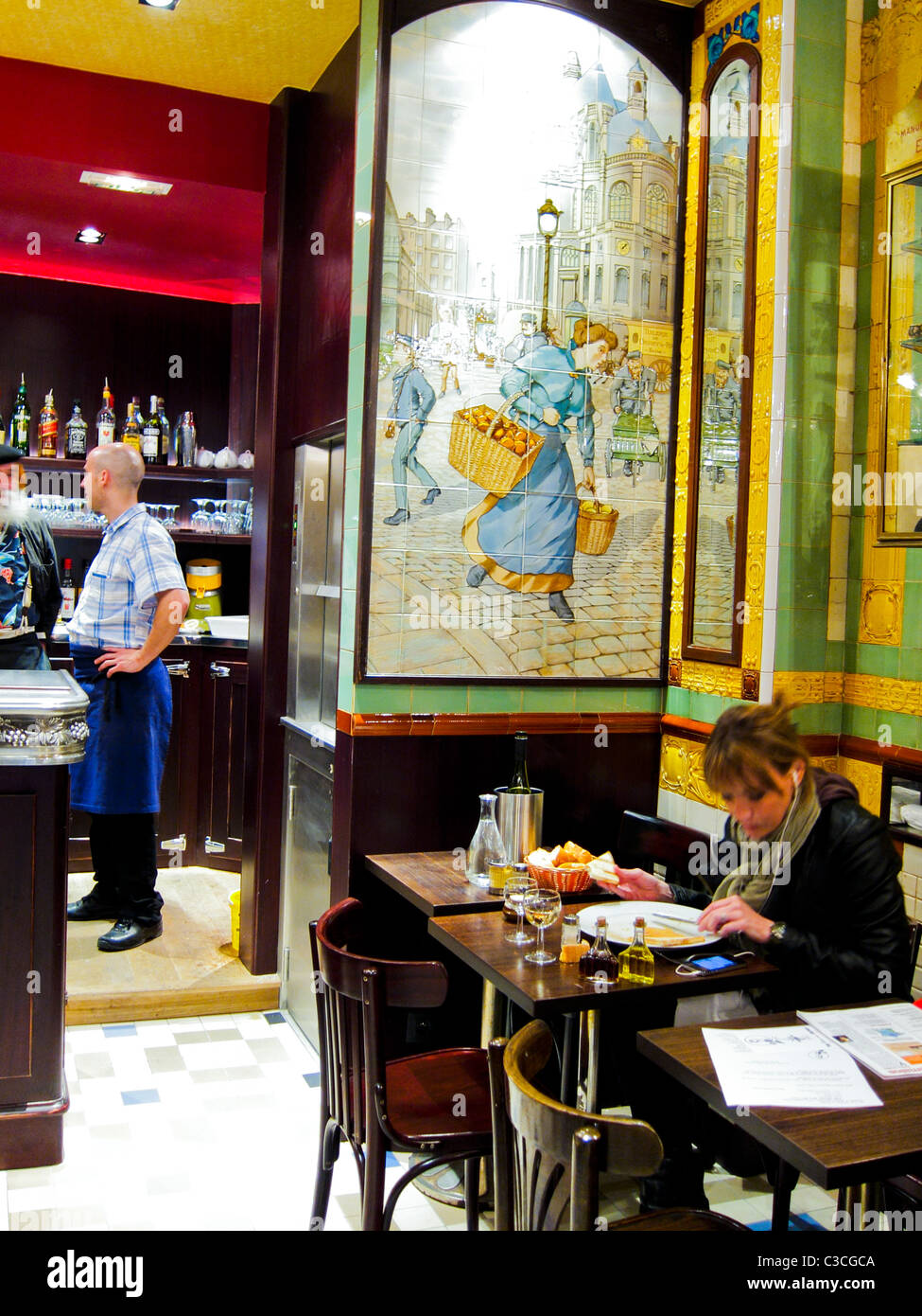Paris, France, Woman Dining inside Parisian Bistro Restaurant, "The ...