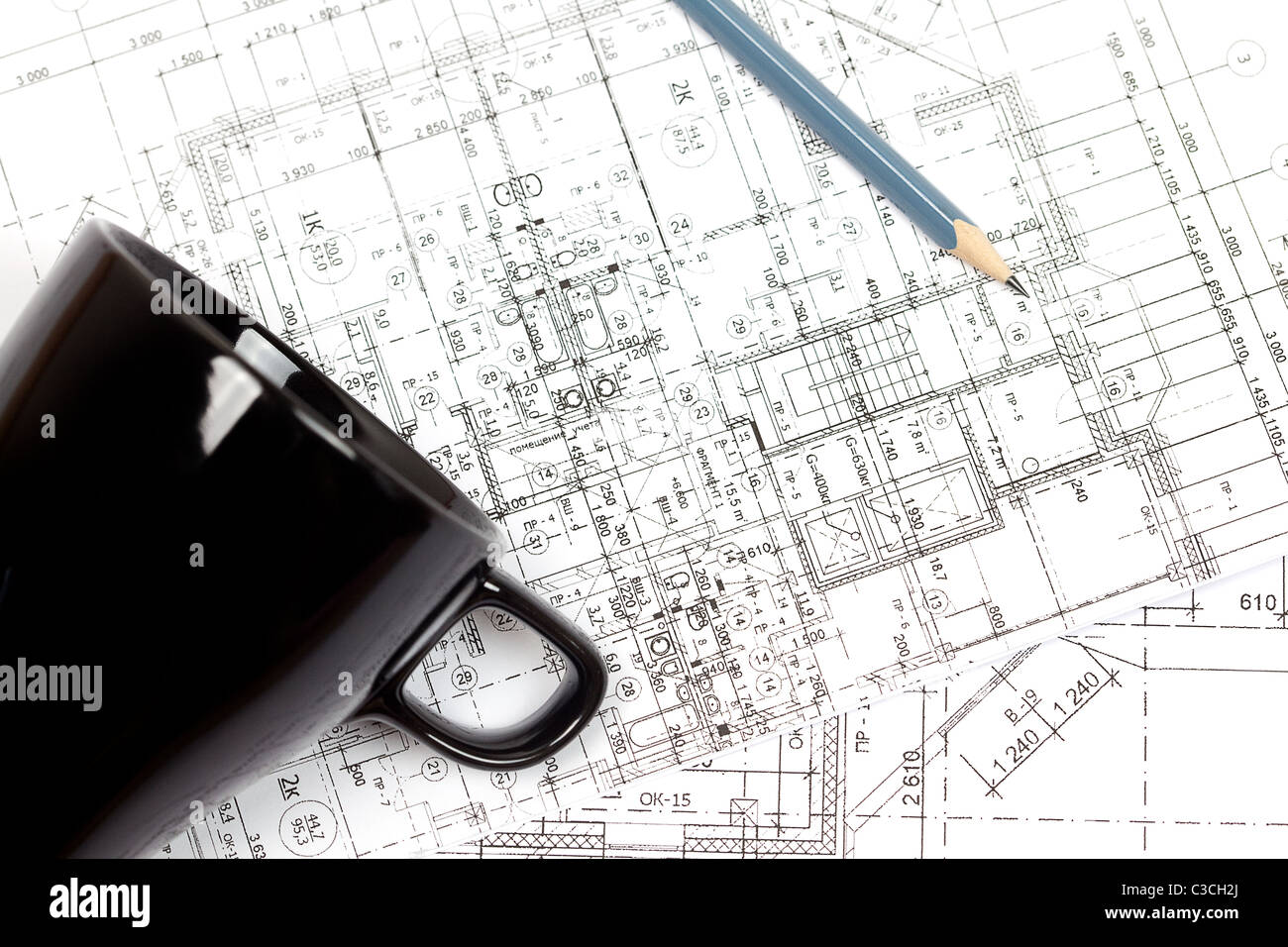 background of the architectural drawings,cup and pencil Stock Photo - Alamy