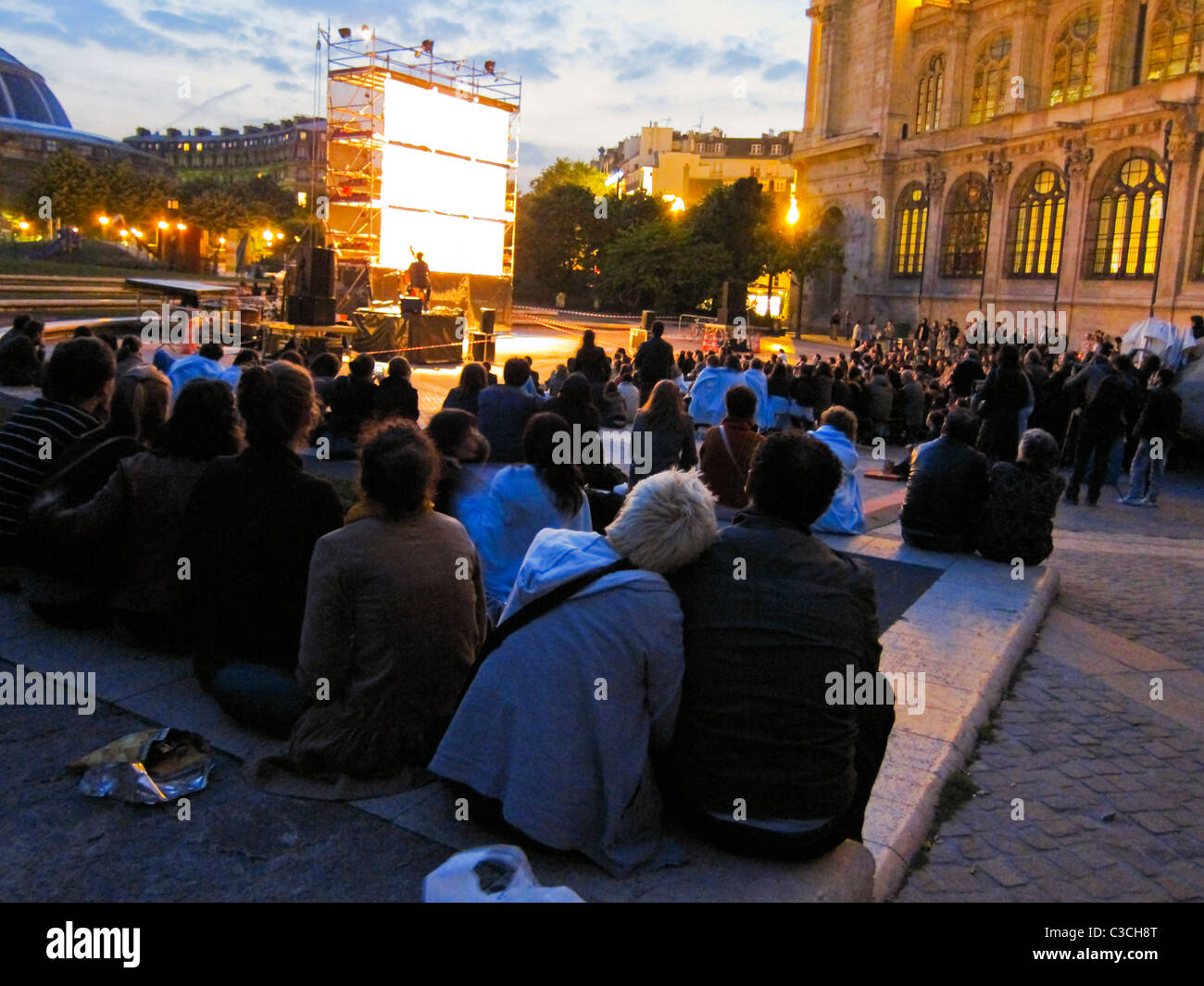 Paris, France, Crowd Sitting outside at Contemporary Arts Performance ...