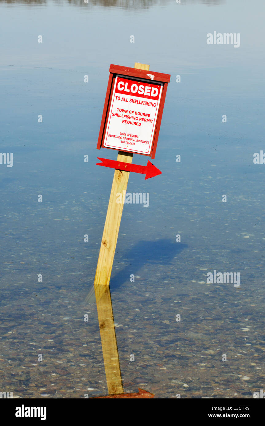 Closed to all shellfishing sign with red arrow posted in shallow water ...