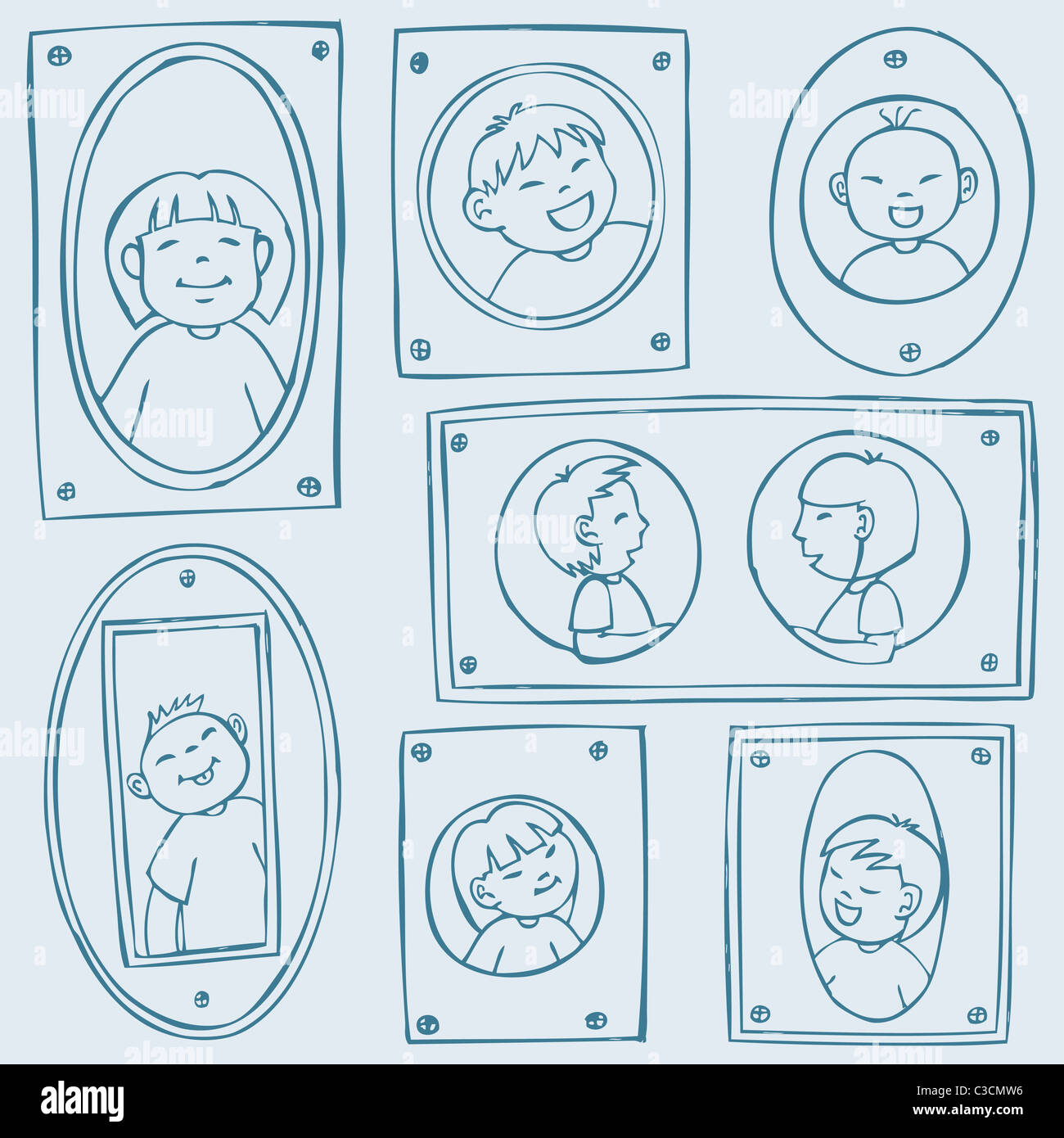 Illustrated kids with varied expression framed in different shapes ...
