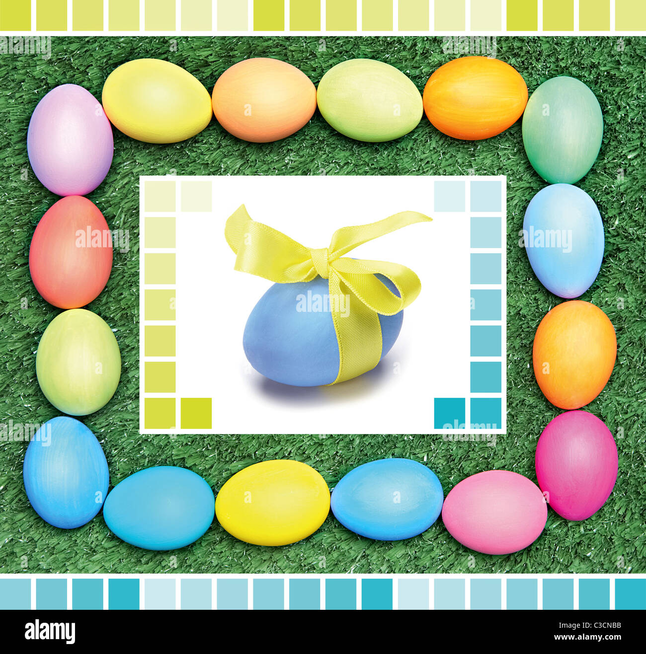 Easter collage composed as colorful egg framing a piece of grassland ...