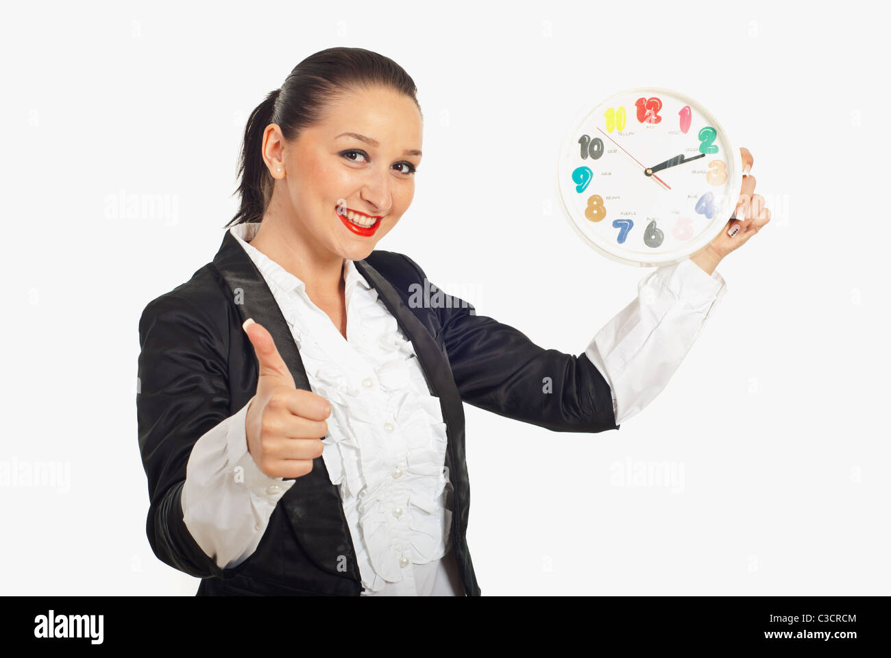 Successful business woman holding clock and giving thumb up isolated on ...