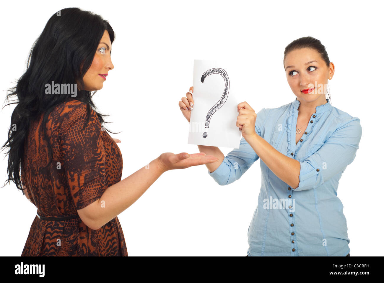 Brunette woman questioning her friend who dont know the answer and ...