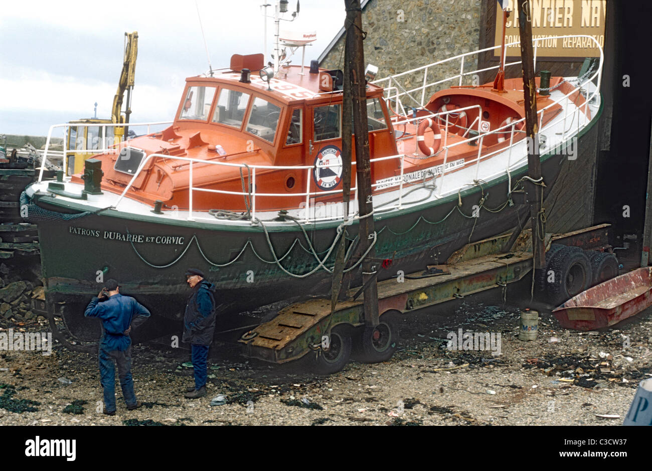 French SNSM lifeboat undergoing maintenance at Saint Vaast la Hougue ...