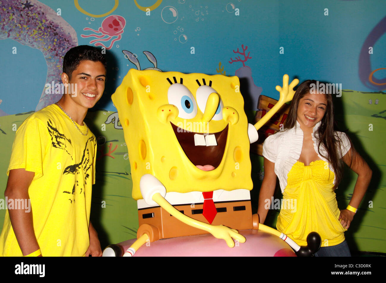 David Castro and Raquel Castro attend the unveiling of a SpongeBob ...