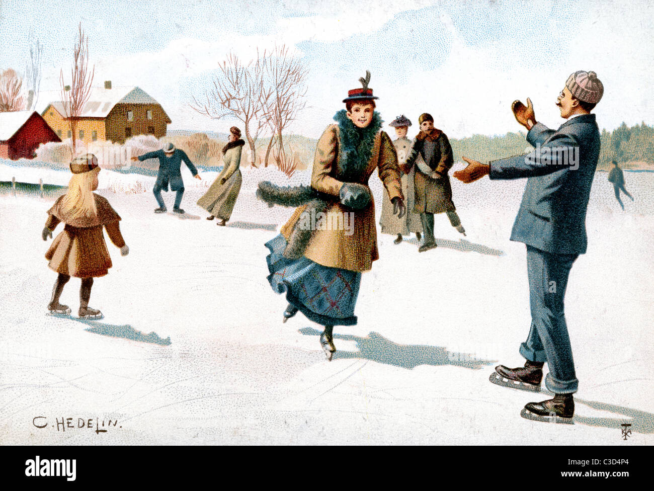 Victorian picture of people ice skating at Christmas in Sweden Stock ...