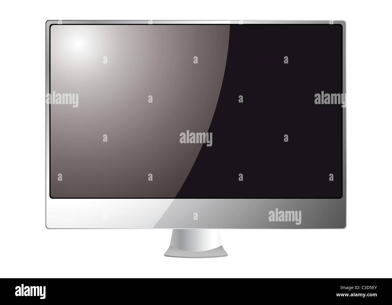 Silver computer monitor screen with silver stand and light reflection ...