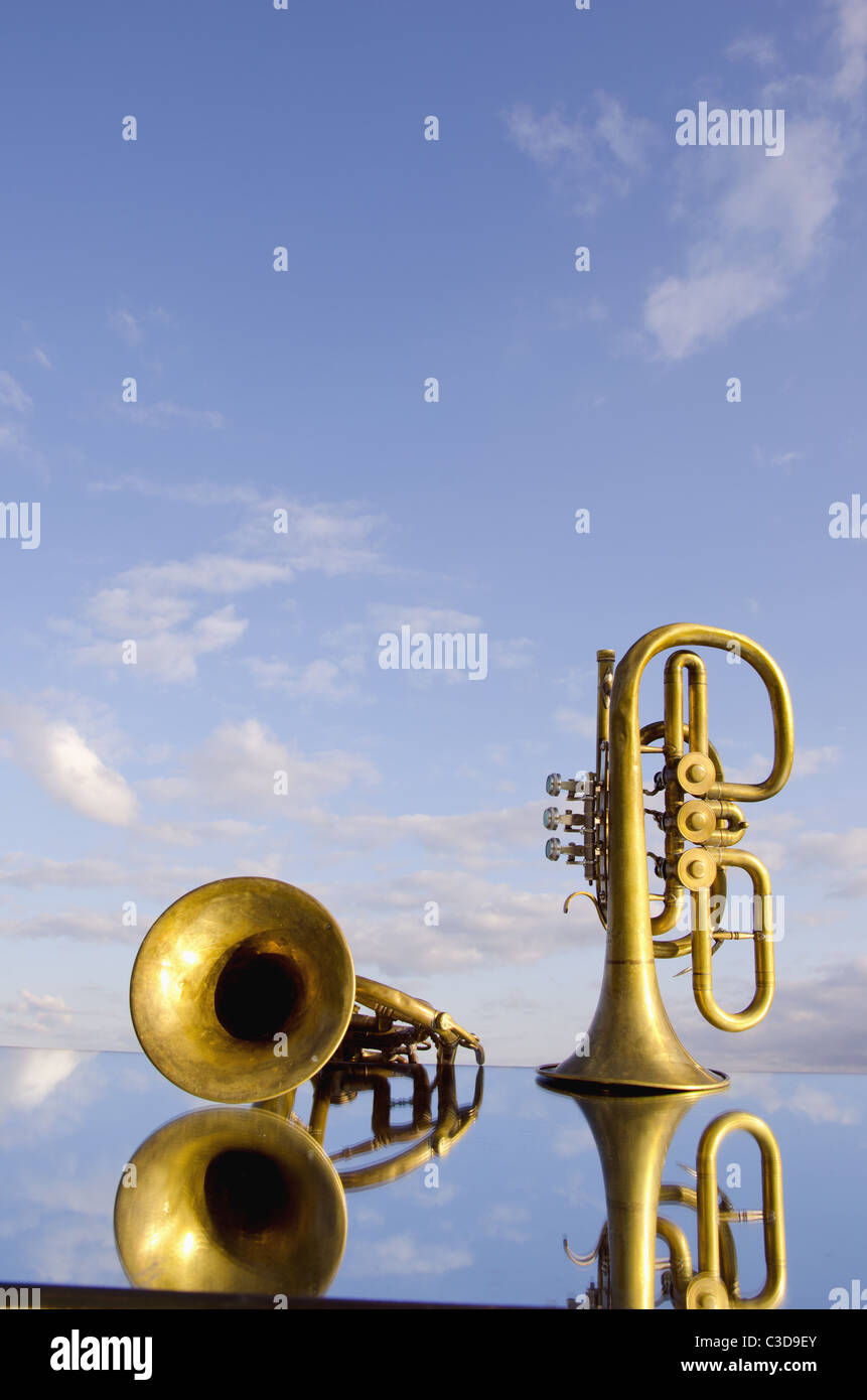 two retro wind instrument on the mirror and sky background Stock Photo ...