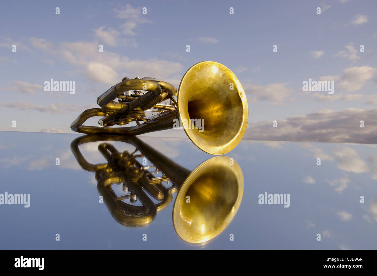 retro wind instrument on mirror and sky background Stock Photo - Alamy