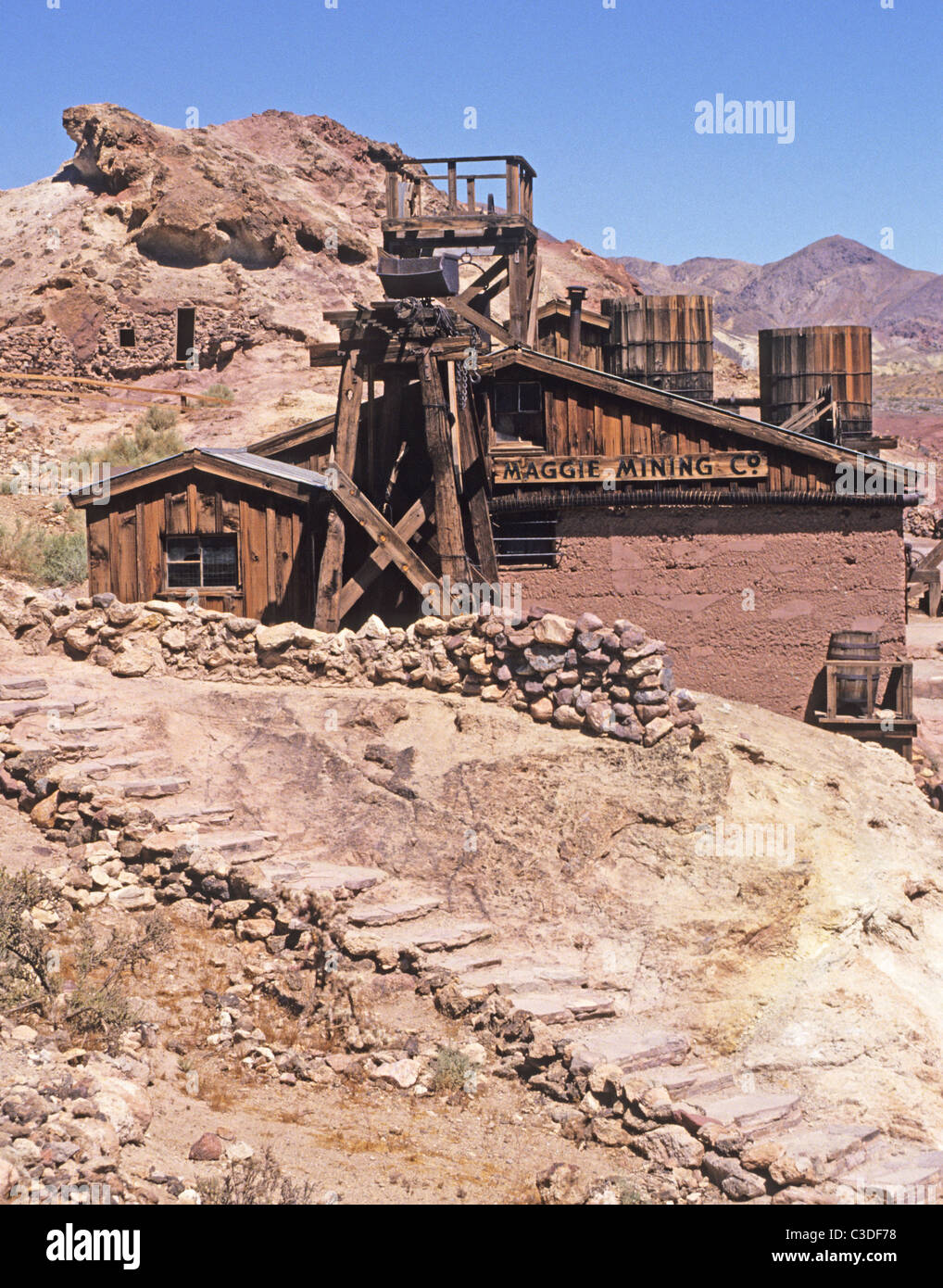 The old mining buildings in Calico the ghost town in the desert in ...