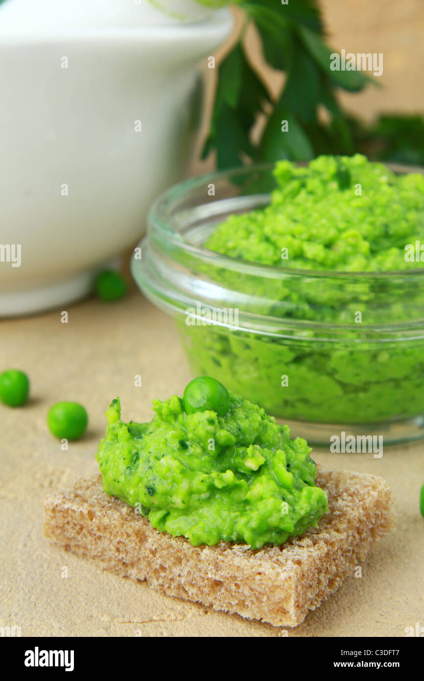 pate with green peas on a piece of bread Stock Photo - Alamy