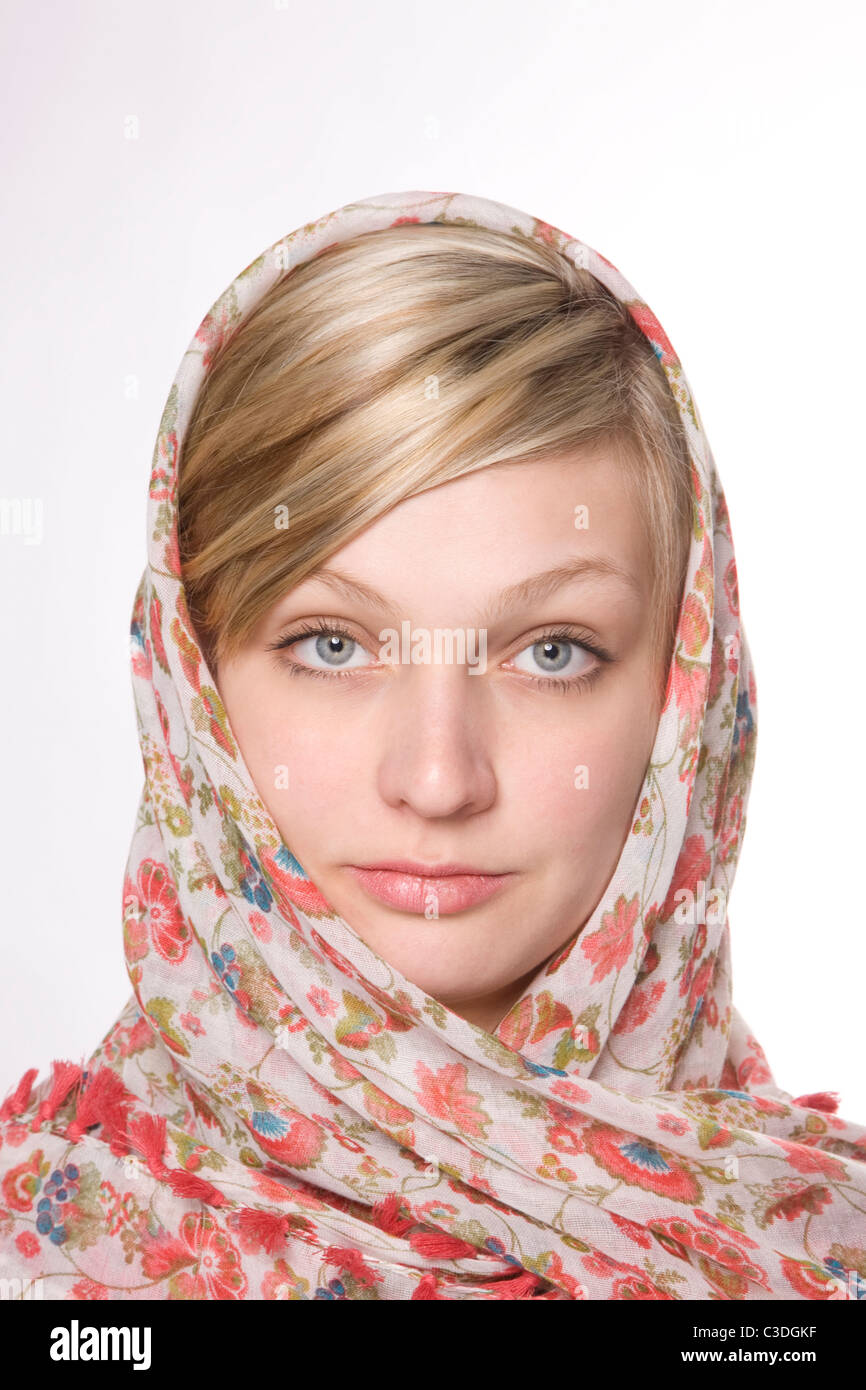 Young Blond Woman with Scarf around her Head Stock Photo - Alamy